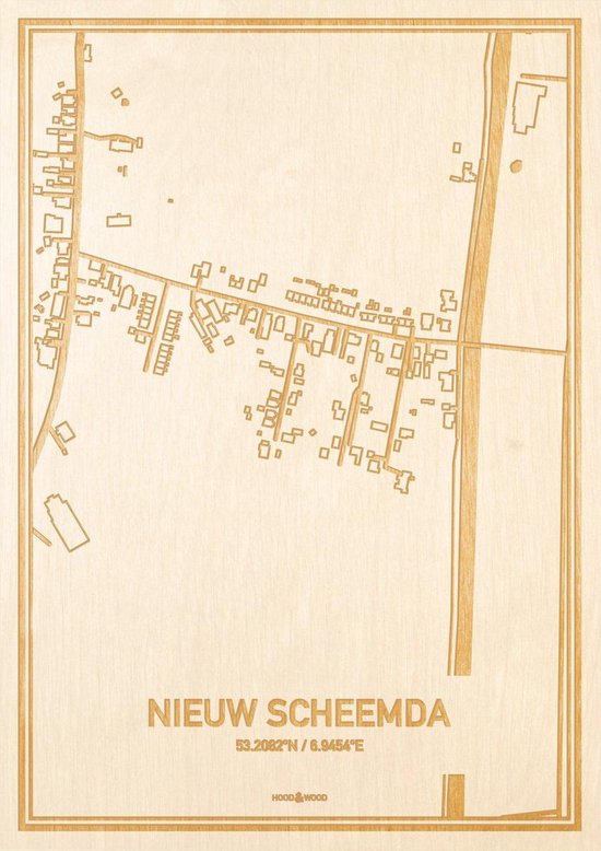 Kaart Nieuw Scheemda - Gegraveerde stadskaart Hood&Wood - Hout, A4 ...