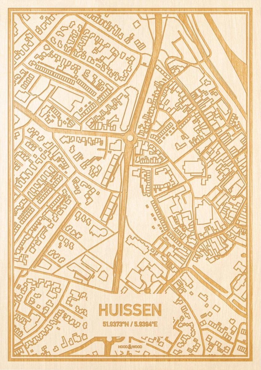 Kaart Huissen - Gegraveerde stadskaart Hood&Wood - Hout, A4 | bol.com