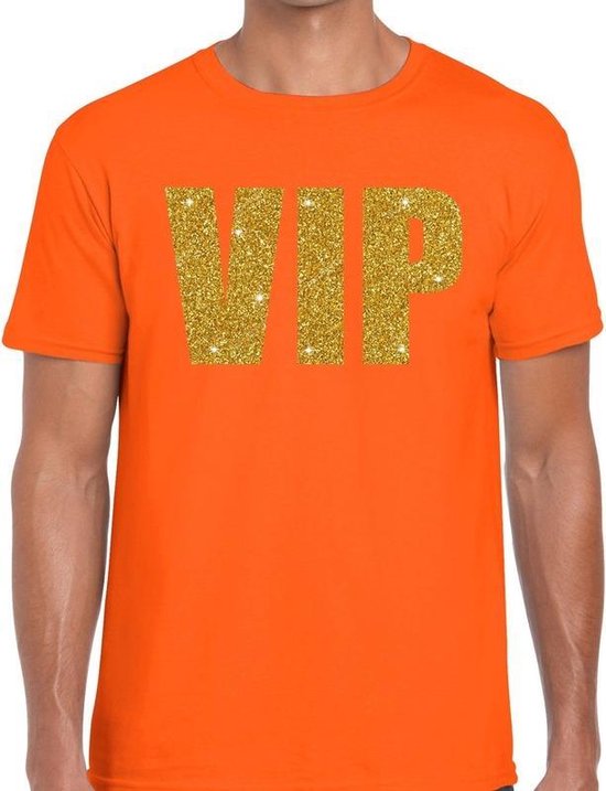 VIP tekst t-shirt oranje heren - heren shirt VIP gouden glitter letters ...