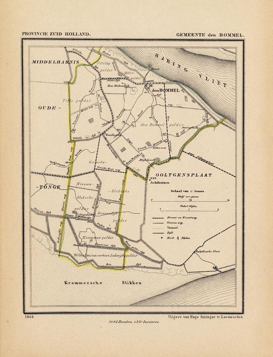 Historische kaart, plattegrond van gemeente den Bommel in Zuid Holland ...