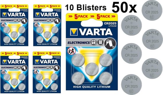 50 Stuks (10 Blisters a 5st) - VARTA CR2025 3v lithium knoopcel batterij | bol.com