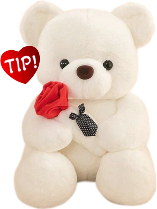 Teddybeer Pluche Knuffel Wit met Rode Roos 20 cm {Moederdag Knuffelbeer ...