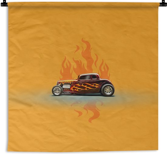 Wandkleed - Wanddoek - Auto - Vlammen - Rood - Vintage - 120x120 cm ...