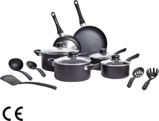 15 delige pannenset - incl benodigdheden - zwarte kleur - aluminium | bol