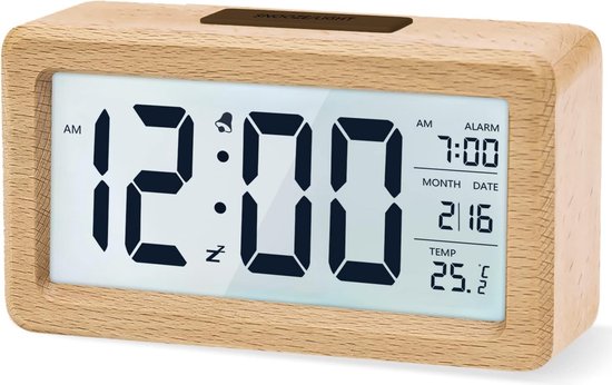 Houten digitale wekker met groot temperatuurdisplay | bol