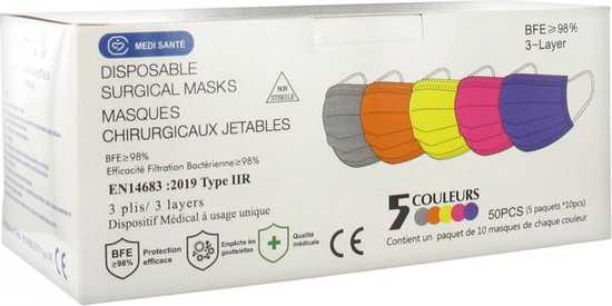 Médi-Santé Wegwerp Chirurgisch Masker Type IIR EFB 98% 5 Kleuren 50 ...