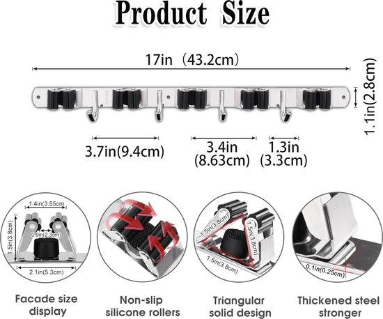 Broomhouder Muur, 5-houders en 4-haken Zware Tool Houder Zelfklevend ...