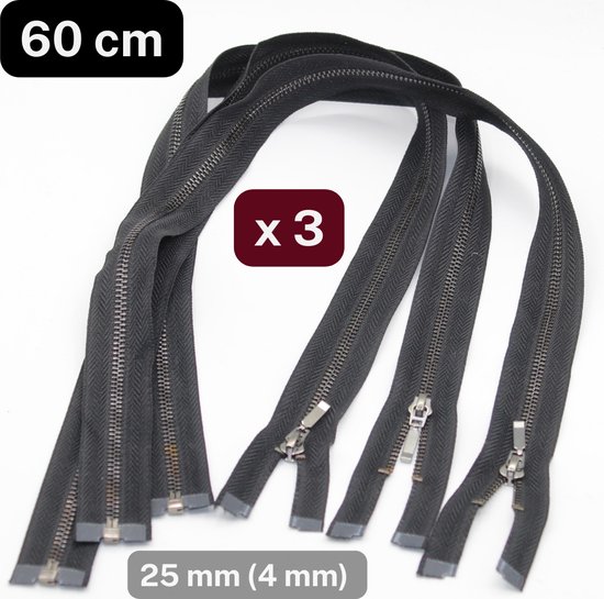 3 Stuks DEELBARE METALEN RITSEN, Lengte 60CM, Tandjes en Trekker GUN METAAL, Stof ZWART | bol