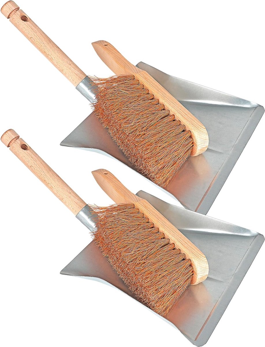 Metalen veegset met houten handvat en handveger - 40 x 22,5 cm ...