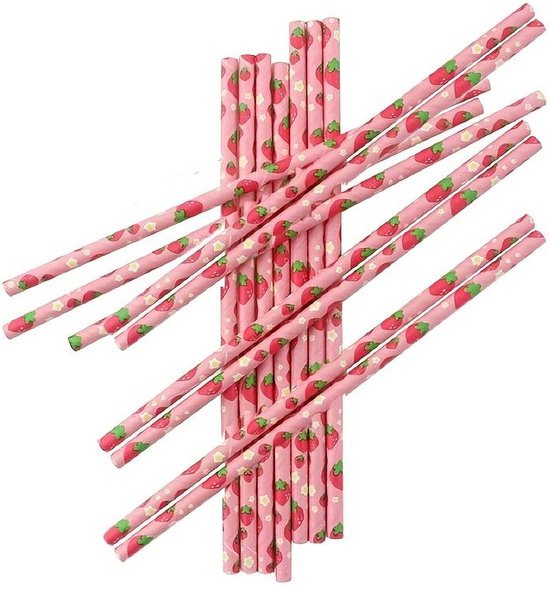 Rietjes 25 stuks aardbeien print - Papier - drinkrietje - rietje - roze ...