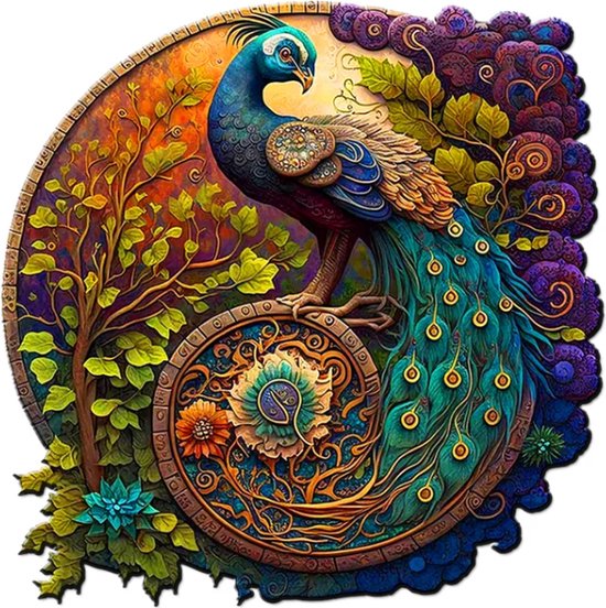 Legpuzzel Hout Ronde Exotische Pauw Dieren Puzzel 110 Unieke stukjes A5 ...