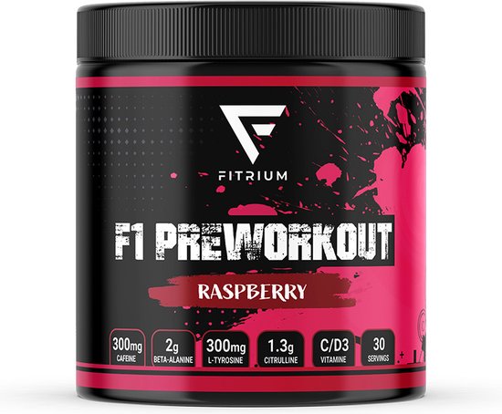 Pre workout Fitrium F1 - Raspberry Framboos Smaak - 300MG Caffeïne per ...