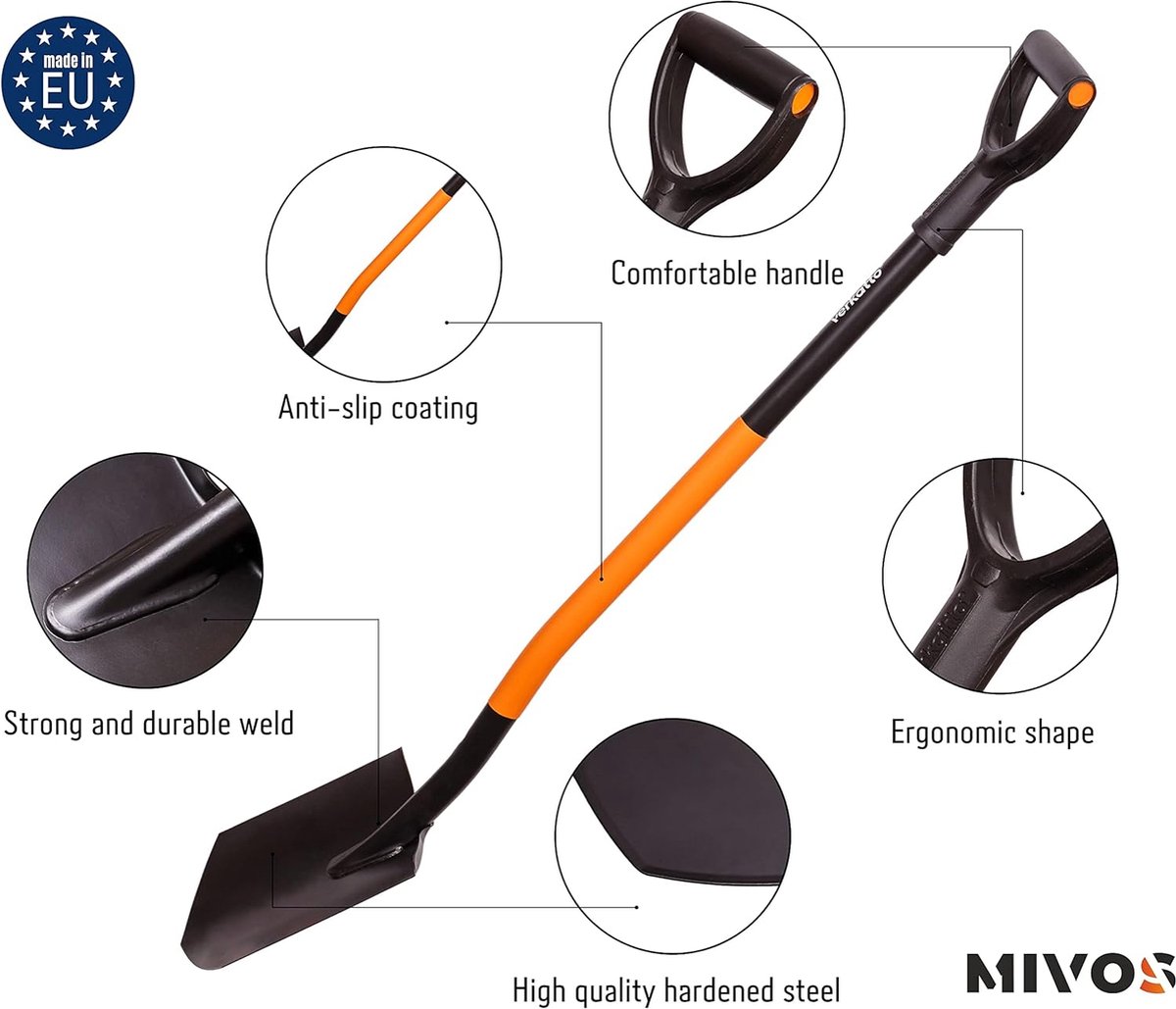 Ergonomische puntige spade van koolstofstaal, 124 cm, tuinspade met ...
