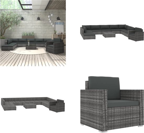 vidaXL 11-delige Loungeset met kussens poly rattan grijs - Tuin ...