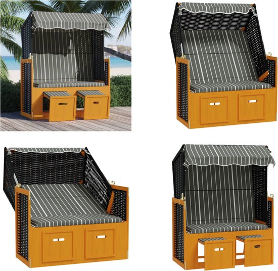 vidaXL Strandstoel met luifel poly rattan en hout zwart en grijs ...