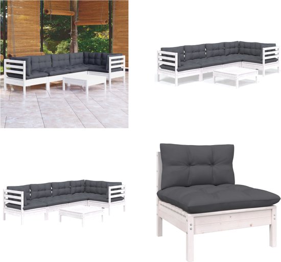 vidaXL 6-delige Loungeset met kussens grenenhout wit - Loungeset ...