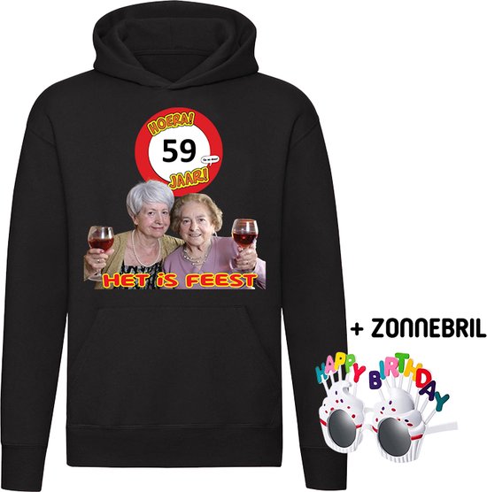 Hoera 59 jaar! Het is feest Hoodie + Happy birthday bril - verjaardag ...