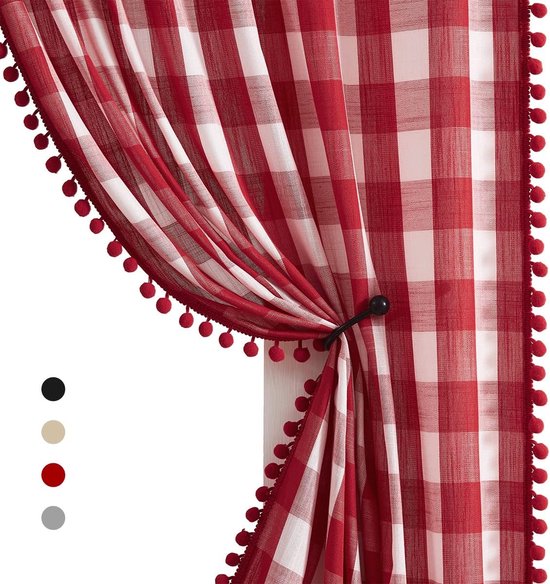 Rood-wit Buffalo geruite gordijnen met plooiband, gordijn, half ...