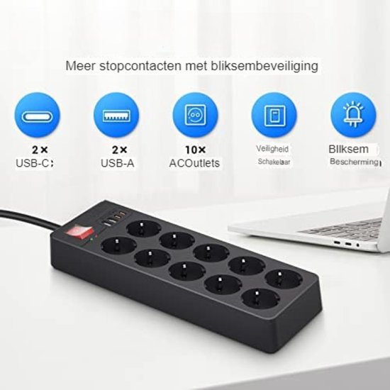 Stekkerdoos met usb - 29,5 x 10,4 x 4cm - Zwart | bol