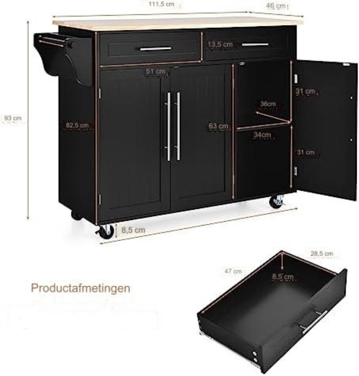 Keukentrolley Met Lades - Keukentrolley Op Wieltjes - Zwart | bol
