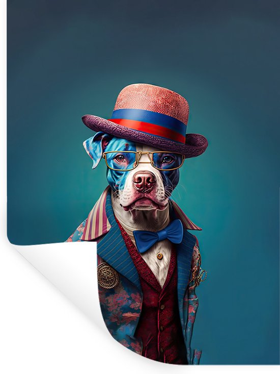 Muurstickers - Sticker Folie - Hond - Hoed - Colbert - Bloemen - Blauw - 120x160 cm -... | bol