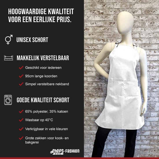 Chefs Fashion Keukenschort - Wit schort met 2 zakken - Simpel verstelbaar - 71 x 82 cm | bol