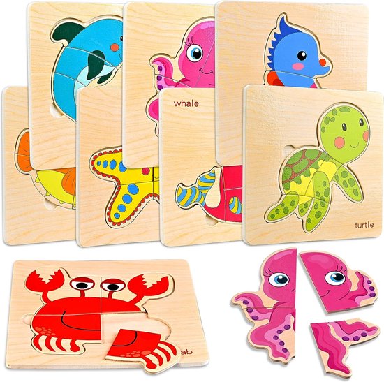 Houten puzzel, 8 stuks houten puzzel, Montessori-speelgoed, Sorteer ...