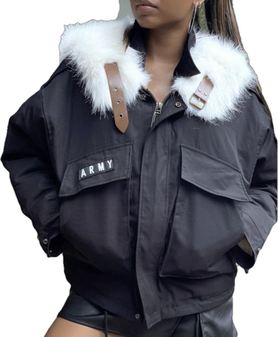 Dilena fashion piloten jack army zwart-zakken-afneembaar bont kraag | bol
