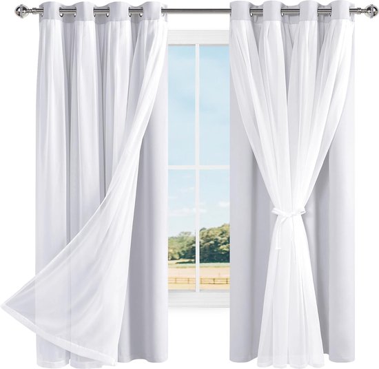 Doorzichtige tule overlay-gordijnen met gordijnhouders, wit ...