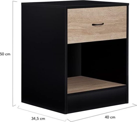 Set van 2 nachtkastjes Olga hout zwart en lade in beukenlook | bol