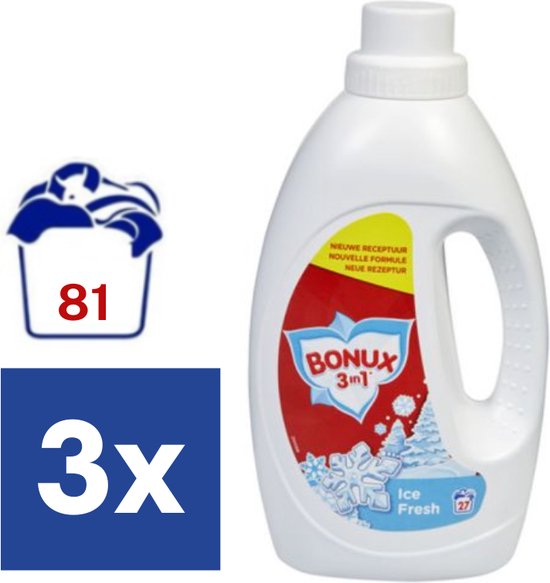 Bonux Vloeibaar Wasmiddel 3in1 Ice Fresh - 3 x 1.485 l (81 wasbeurten) | bol