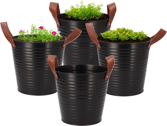 DK Design Plantenpot/bloempot emmer Leather- 4x - zink - zwart - D18 x ...