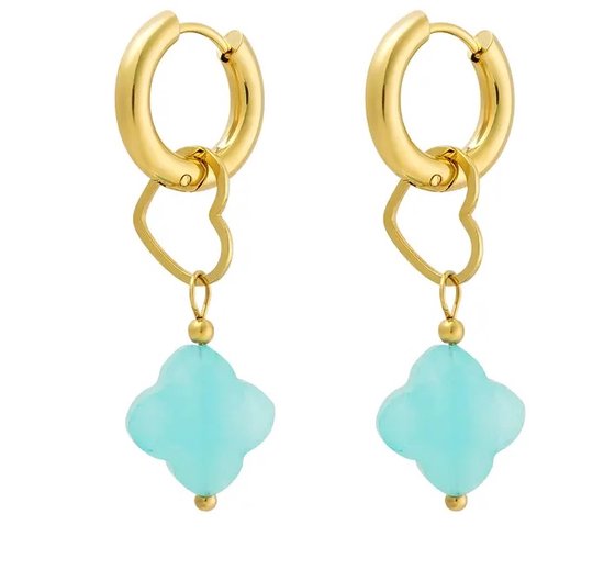 Oorbellen - Stainless Steel - Hart met klaver - 4 x 1,6 cm - Blauw/Goudkleurig | bol