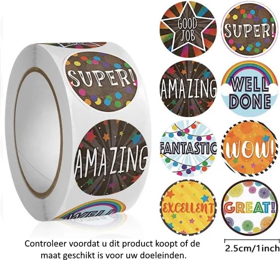 Rol met 500 papieren beloning stickers - 2.5 cm diameter - Blij ...