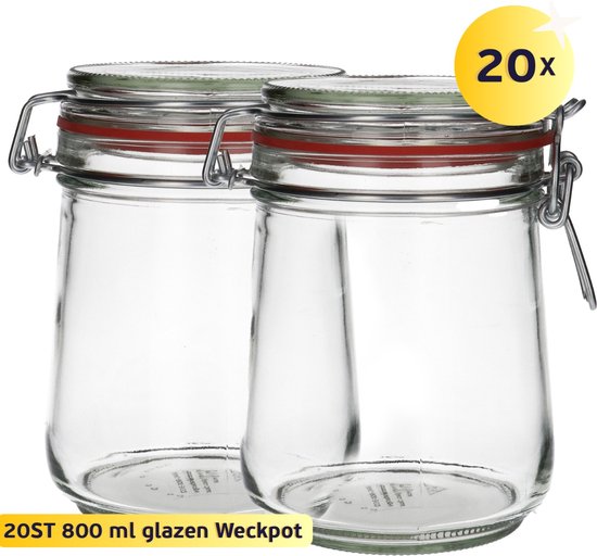 20x Glazen Weckpot 800 ml - Rond & Transparant - Inmaakpotten, Mason ...