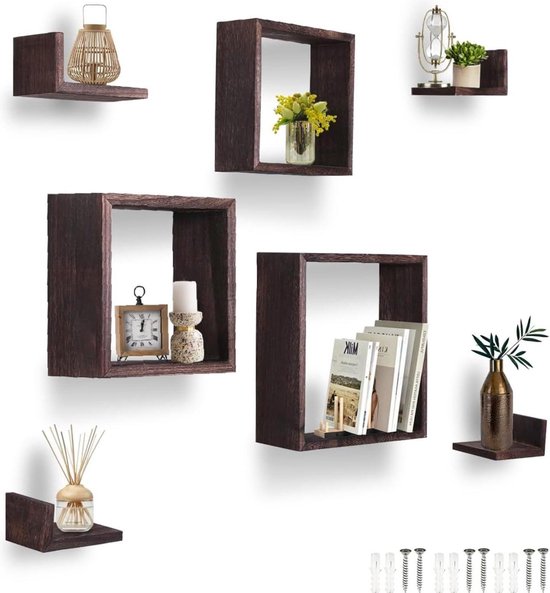 Drijvende Wandplanken - Set van 7 Rustiek Wanddecor met 3 Vierkante en ...