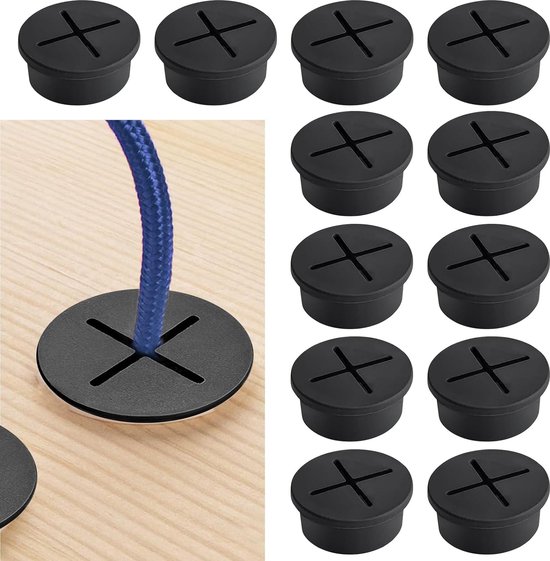 12 stuks bureaudoorvoer, flexibele siliconen kabeldoorvoer, zwart ...
