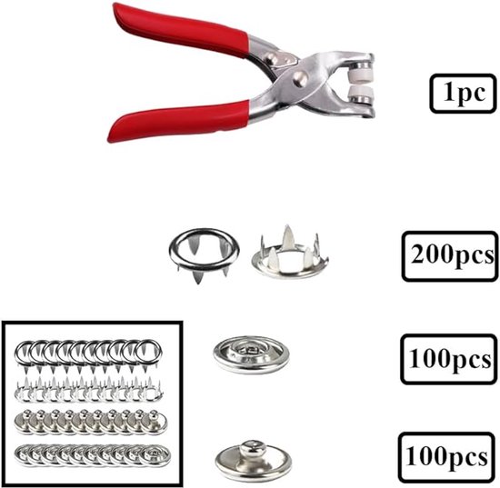 Set van 100 drukknopen, drukknopen, met tang, drukknopen, zonder naaien ...