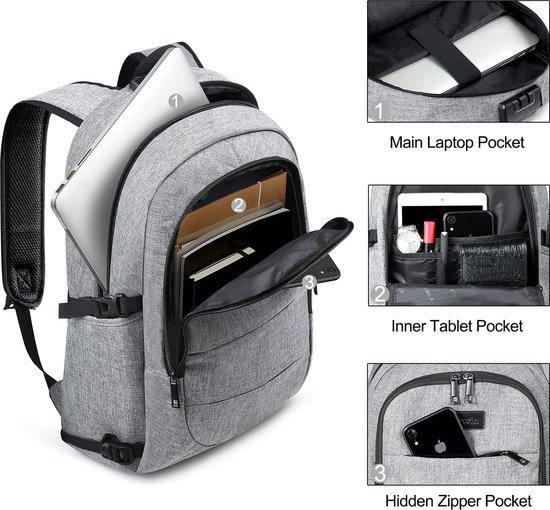Reislaptop Rugzak Waterbestendig Anti-diefstal tas met USB-oplaadpoort ...