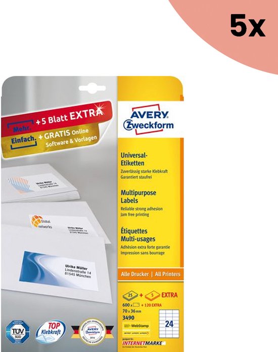 2x Etiket Avery ILK 70x36mm 25 vel + 5 vel extra 24 etiketten per vel wit | bol