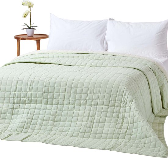 Homescapes 100% katoenen gewatteerde sprei, pastelgroen/crème, 230 x ...