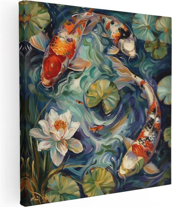 Artaza Canvas Schilderij Drie Koivissen in een Vijver met Waterlelies - 50x50 -... | bol