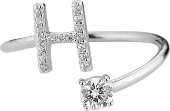 Zilveren Ringen - Letter ring H met zirkonia | Verstelbare ring met ...
