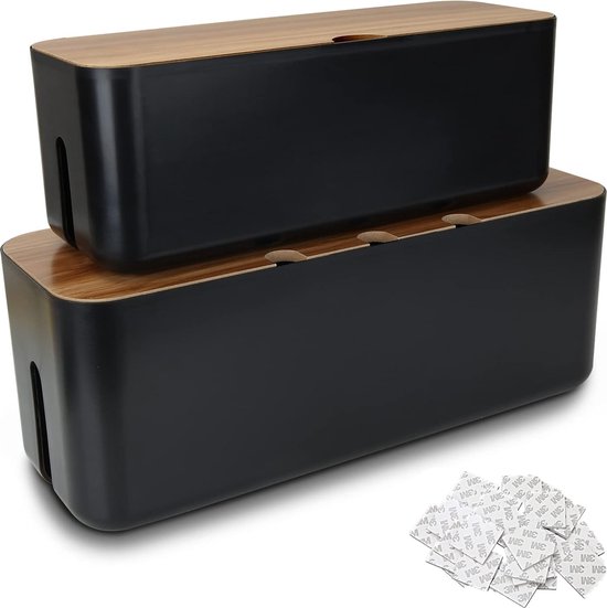 Set van 2 kabelbox, zwart, grote kabelorganizerbox met houten deksel ...