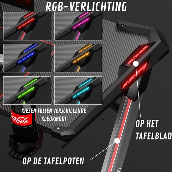 EXCAPE Gaming tafel Z12 ULTRA met LED/RGB verlichting - Z-vormige poten ...