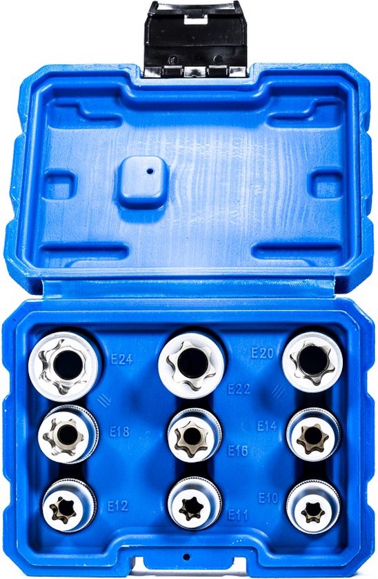 Torx doppenset 9 delig E Torx 1/2" aansluiting, set maten : E10, E11 ...