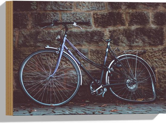 WallClassics - Hout - Oude Kapotte Fiets tegen Stenen Muur - 40x30 cm ...