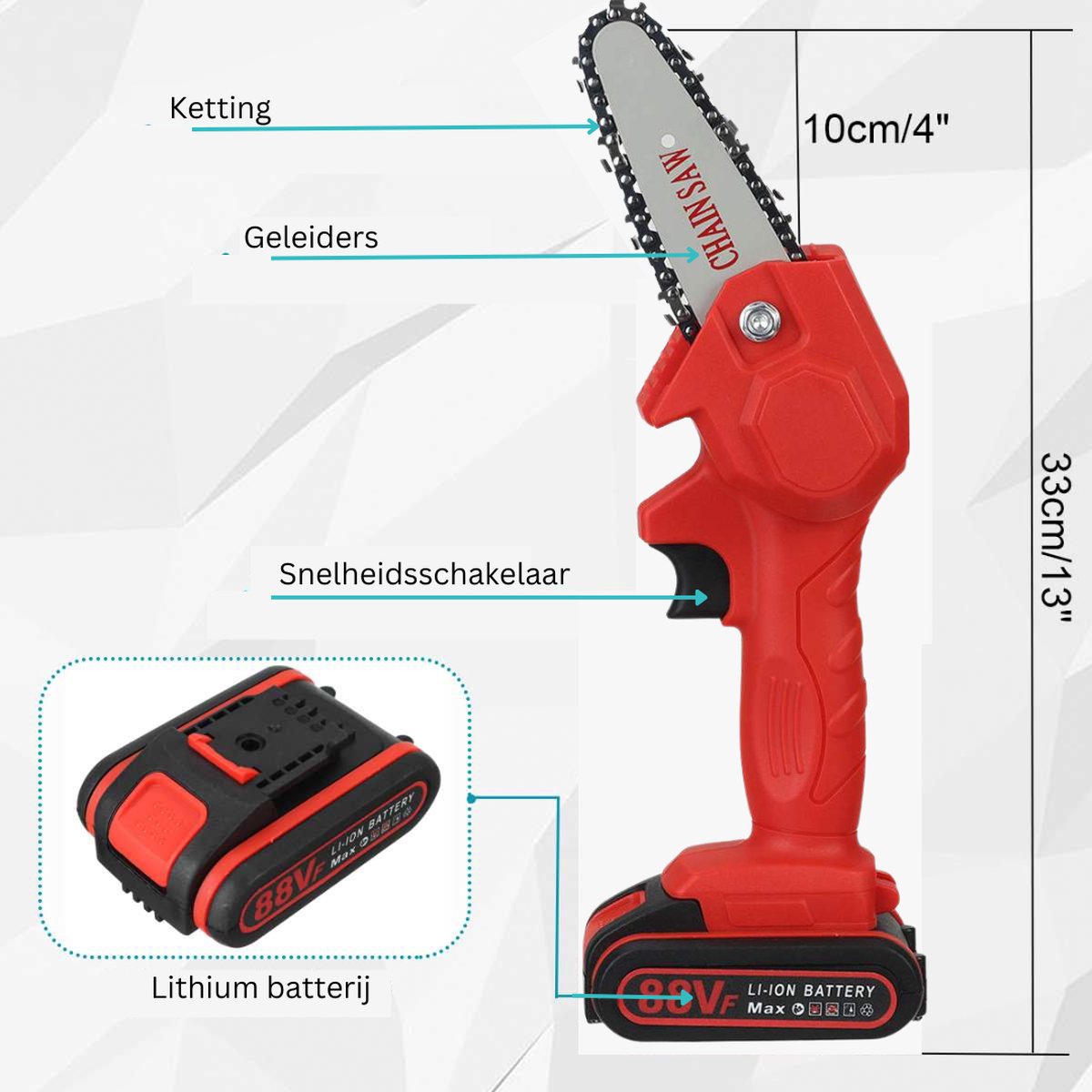 TIB Mini Elektrische Kettingzaag - 1 Accu - 4 Inch - Rood | bol