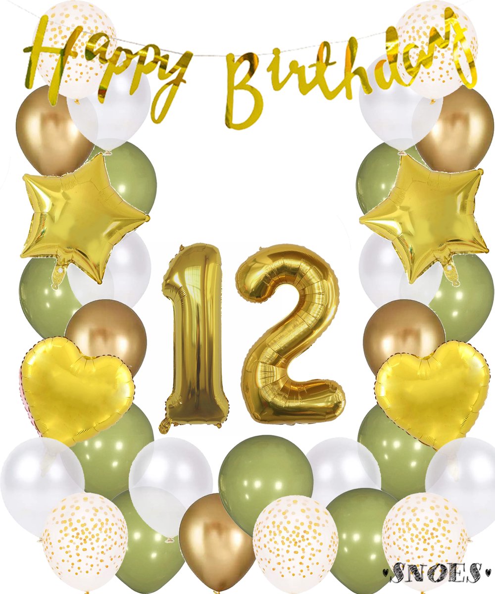 Snoes Ballonnen 12 Jaar Wit Olijf Groen Goud Mega Ballon - Compleet ...
