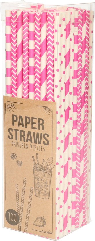 Excellent Houseware Papieren drinkrietjes - 100x - fuchsia roze - 20 cm ...